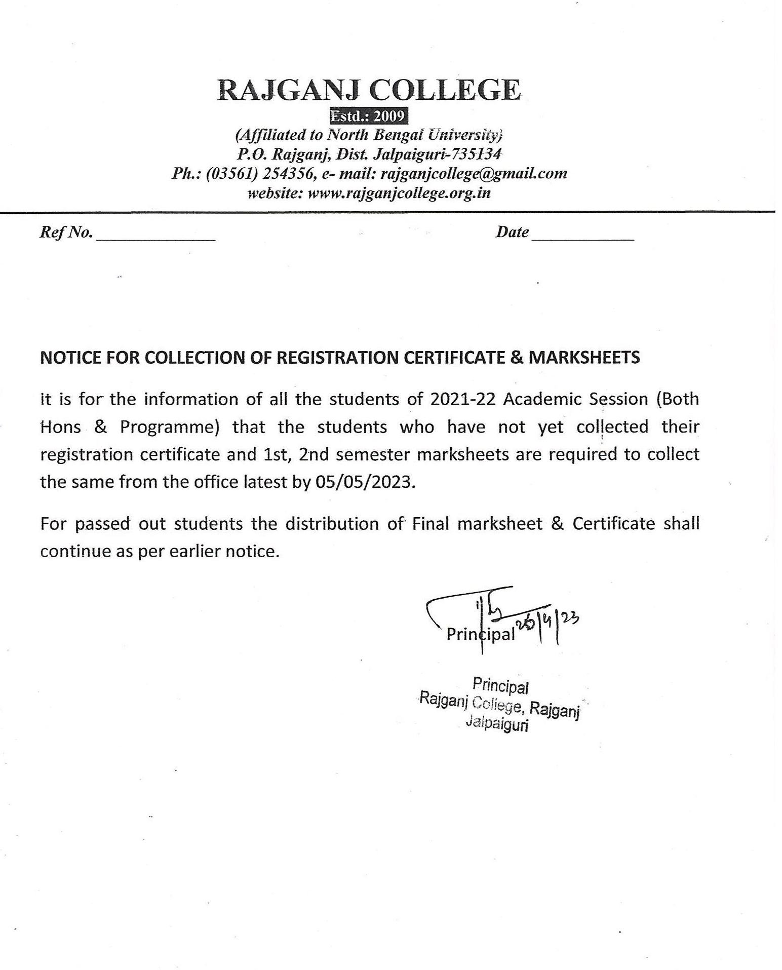 Notice For Collection Of Registration Certificate & Marksheet – Rajganj ...